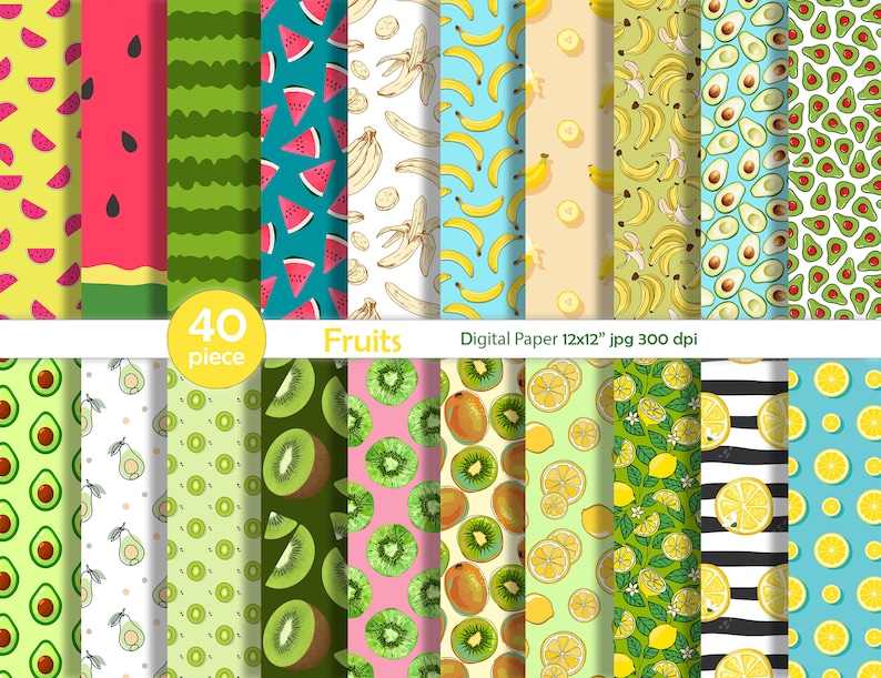 Fruit Digital Paper,fruit Clipart,banana,orange,strawberry,cherry,lemon ...