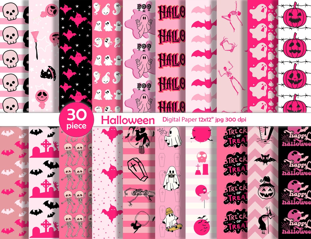 Halloween Digital Paper: Pink Ghost, Skull, Pumpkin (digital Download ...