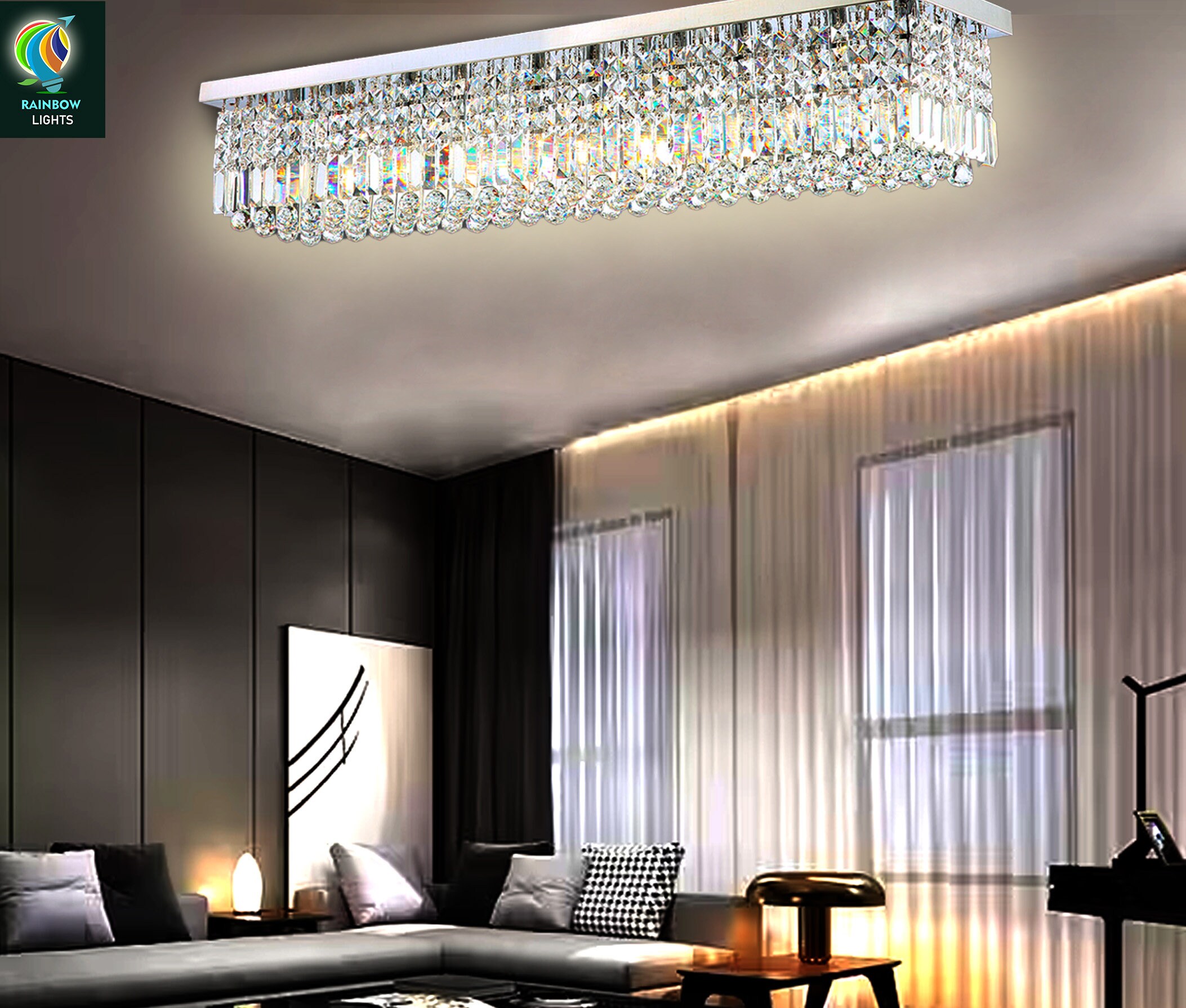 Modern Rectangular Crystal Chandelier Raindrop Pendant Flush Mount Light Fixture Modern Crystal ...