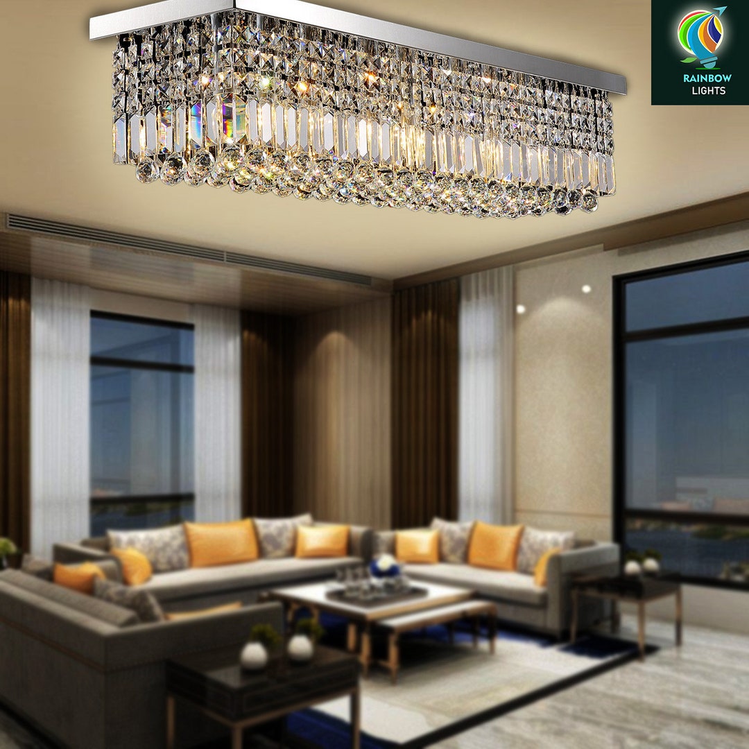 Modern Rectangular Crystal Chandelier Raindrop Pendant Flush Mount Light Fixture Modern Crystal ...