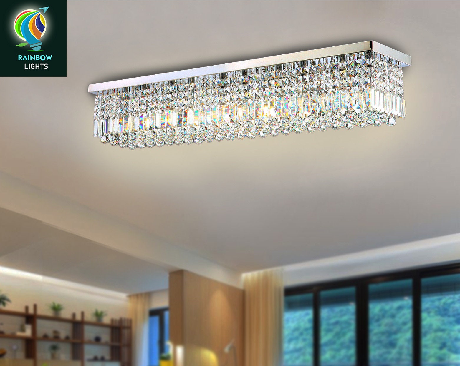 Modern Rectangular Crystal Chandelier Raindrop Pendant Flush Mount Light Fixture Modern Crystal ...