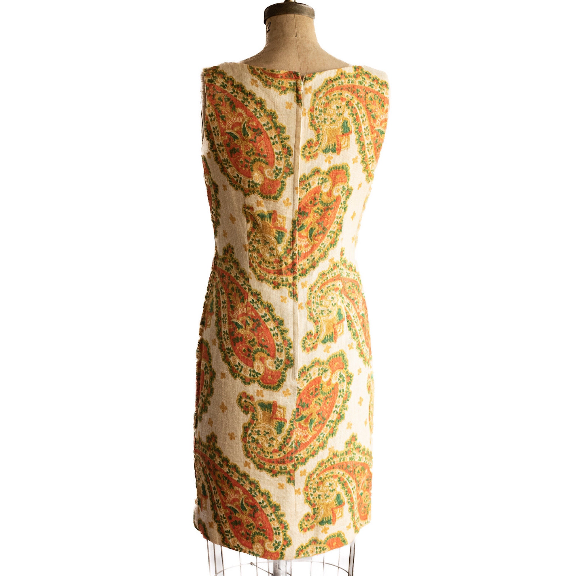 Vintage Sandra Sage Paisley Pattern Sleeveless Linen Dress, Women’s ...