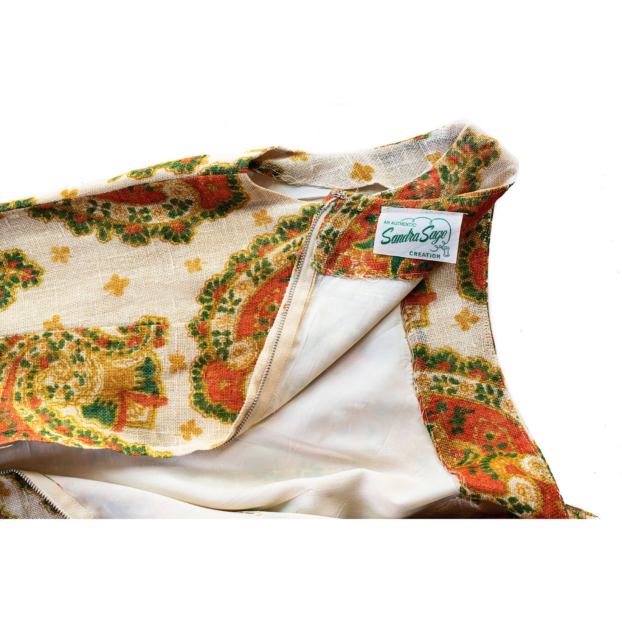 Vintage Sandra Sage Paisley Pattern Sleeveless Linen Dress, Women’s ...