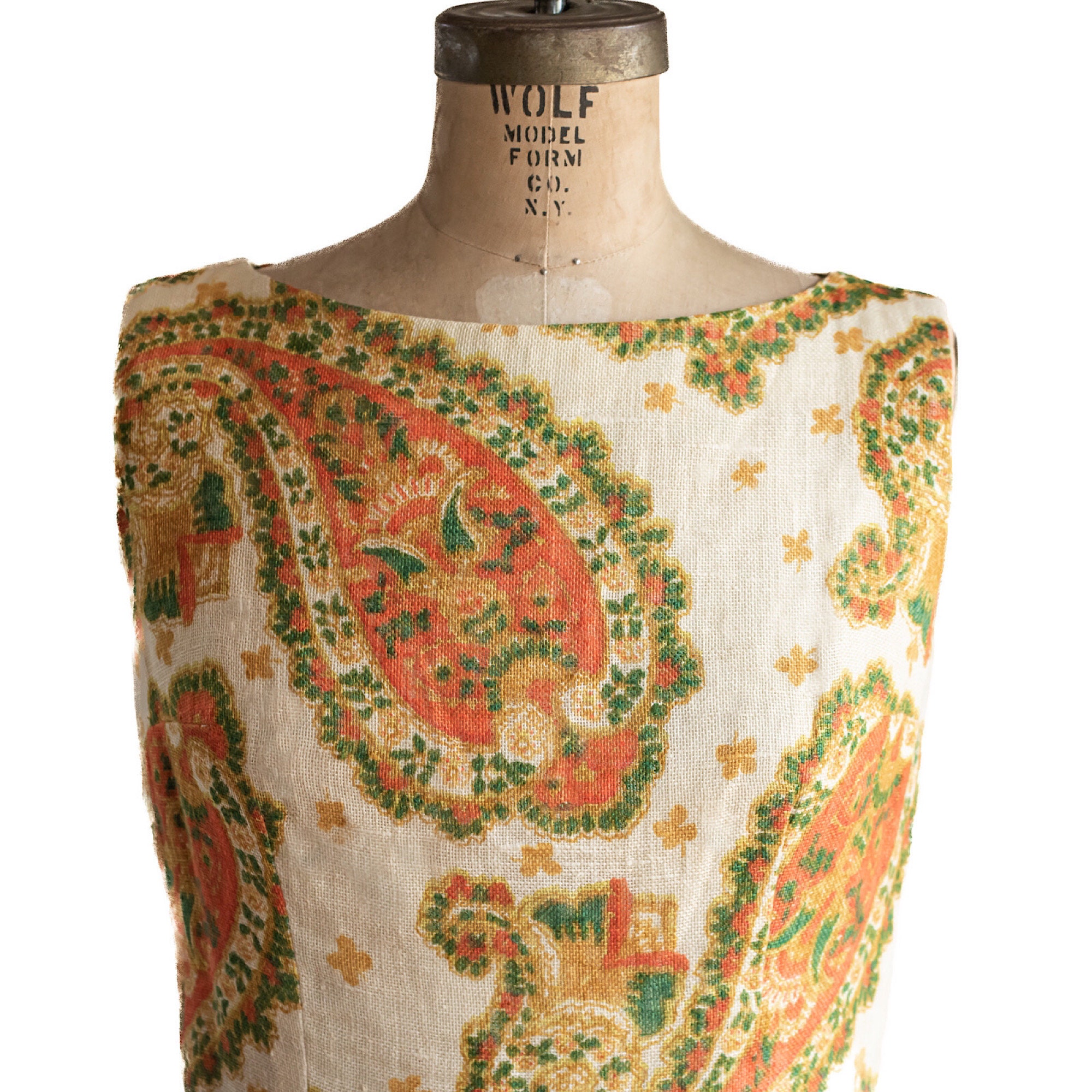 Vintage Sandra Sage Paisley Pattern Sleeveless Linen Dress, Women’s ...