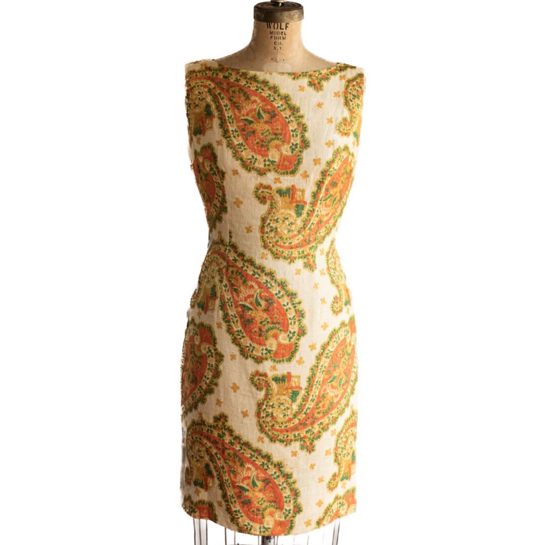 Vintage Sandra Sage Paisley Pattern Sleeveless Linen Dress, Women’s ...