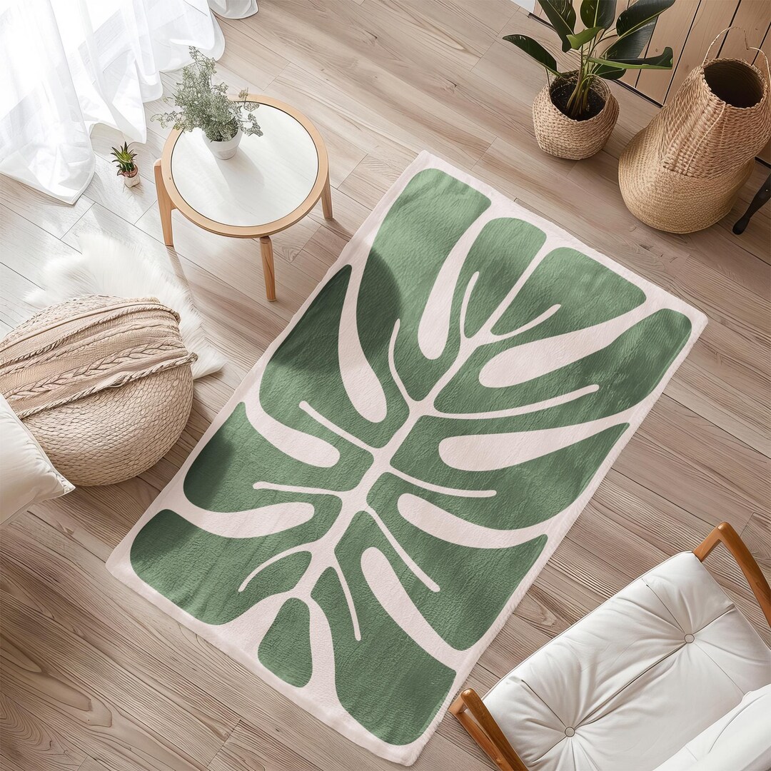Matisse Leaf Art Green Rug | Beach House Carpet | Indoor Outdoor Floor ...