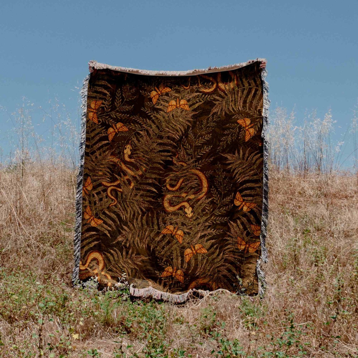 Snakes in the Forest Black Woven Blanket Throw Tapestry Cotton Knitted ...