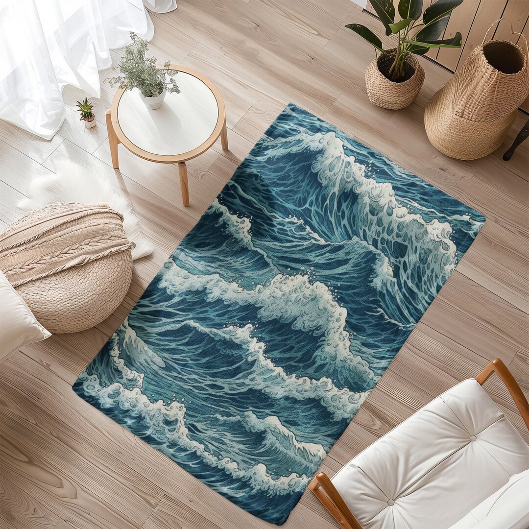 Ocean Waves Coastal Rug | Beach House Carpet | Indoor Outdoor Floor Rug ...