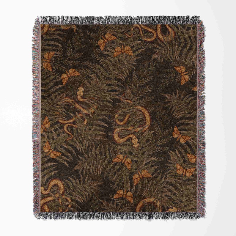 Snakes in the Forest Black Woven Blanket Throw Tapestry Cotton Knitted ...