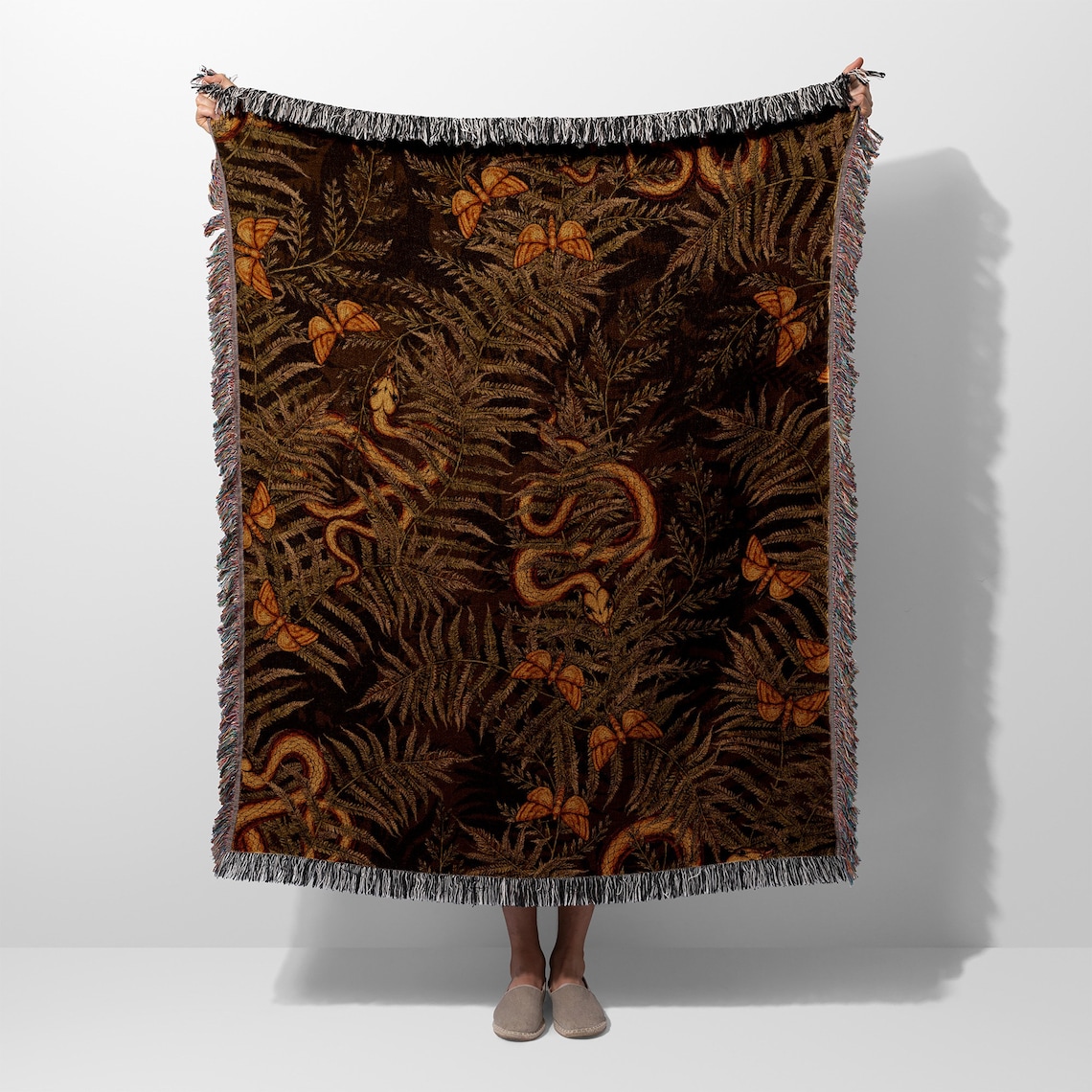 Snakes in the Forest Black Woven Blanket Throw Tapestry Cotton Knitted ...