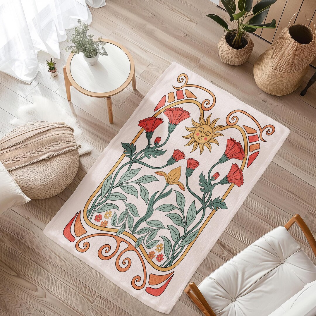Vintage Bohemian Poppy Flowers Rug | Beach House Carpet | Indoor ...