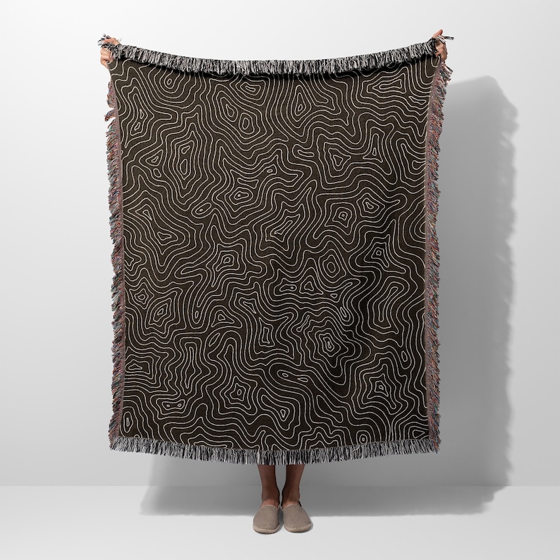 Topographic Map Black Woven Blanket Throw Tapestry Cotton Knitted Wall ...