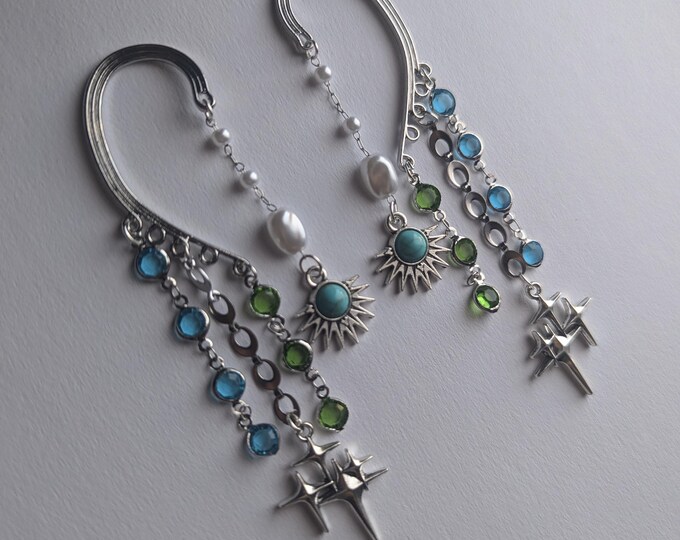 Set of Ear Cuffs, Elegant Dangle Ear Wraps, Blue Green and Pearly Ear ...