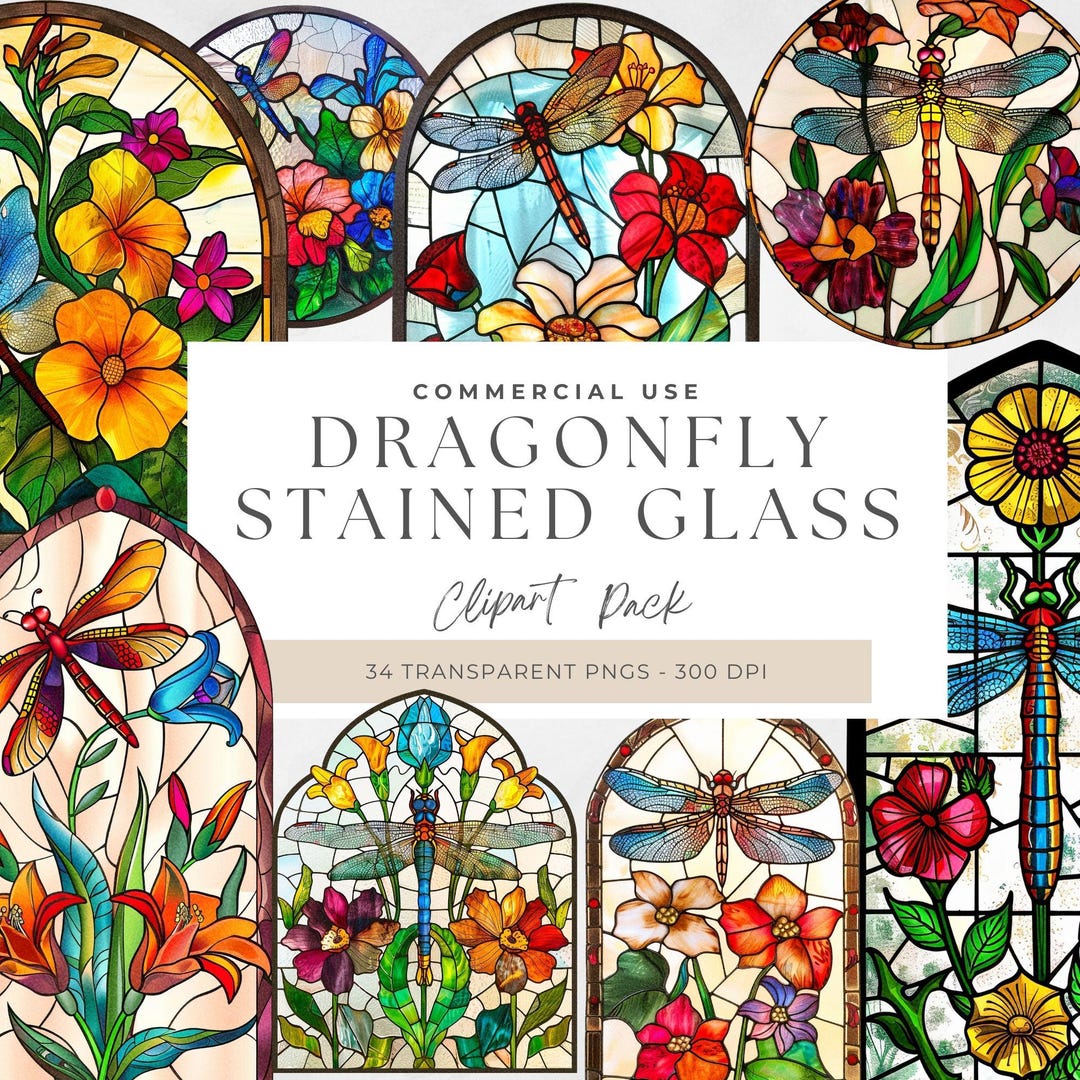 Dragonfly Stained Glass Clipart, Digital Download PNG, Transparent ...