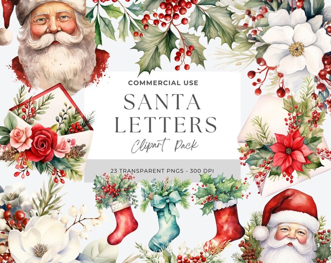 Vintage Santa Letter Clipart: Watercolor Christmas Stationery (PNG ...