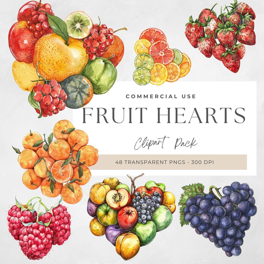 Valentine Fruit Heart Clipart, Romantic Clipart, Watercolor Valentine ...