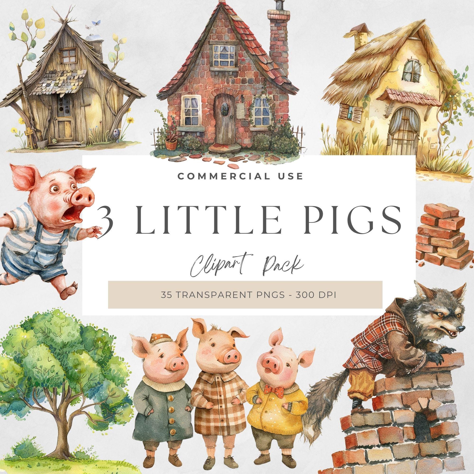 3 Little Pigs Clipart, Fairytale Digital Illustrations, Big Bad Wolf ...