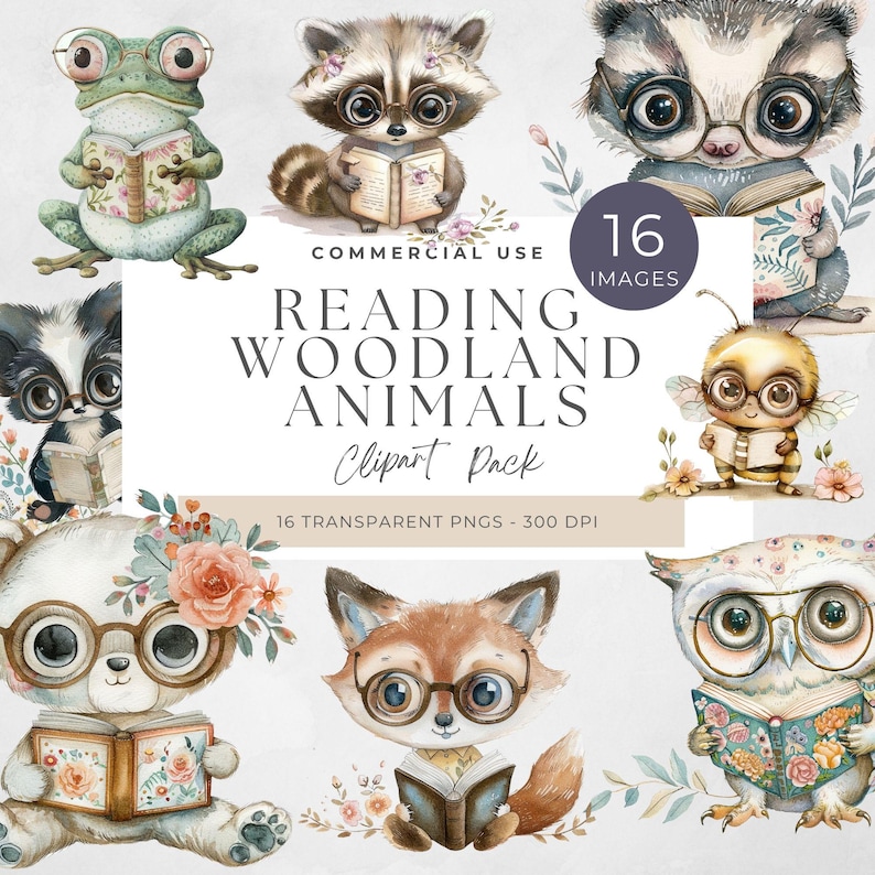 Animals Reading Books Clipart, Cute Woodland Animal Illustrations ...