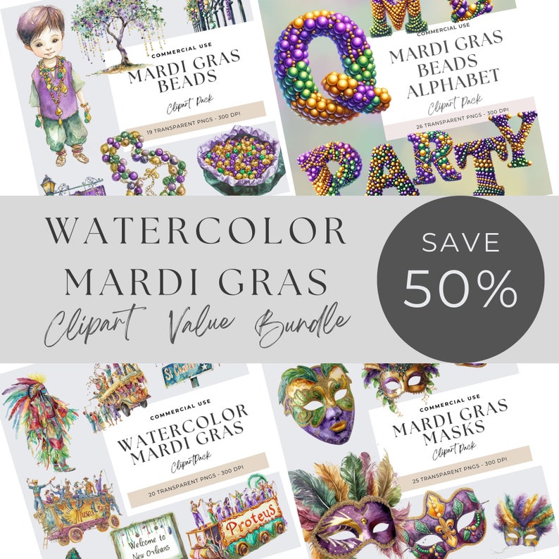 Mardi Gras Clipart Bundle, Watercolor Mardi Gras, Fleur Des Lis, Mardi ...