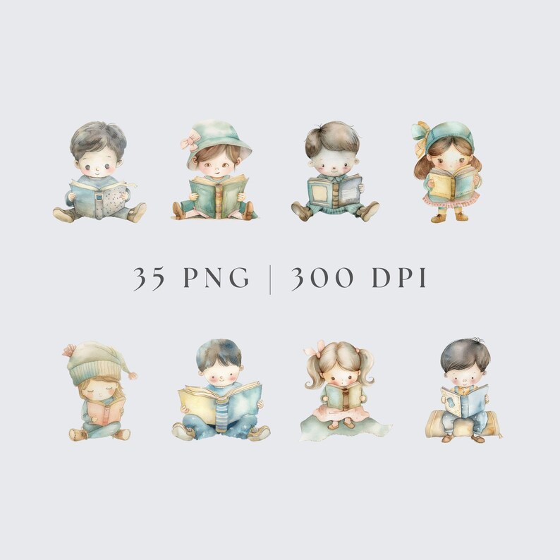 Cute Kids Reading Clipart, Adorable Digital Illustrations for Children ...