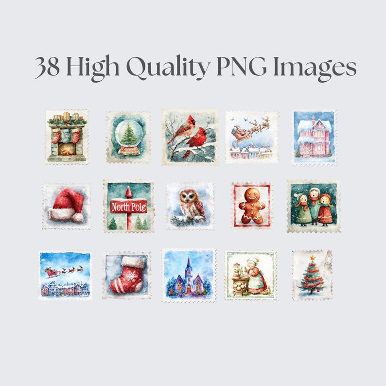 Christmas Stamps Clipart Bundle - Vintage PNG for Holiday Crafts ...