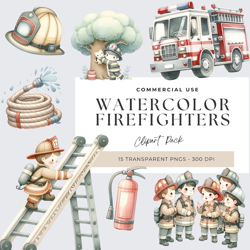 Watercolor Firefighter Clipart, Fire Truck Illustration, Boy Clipart ...