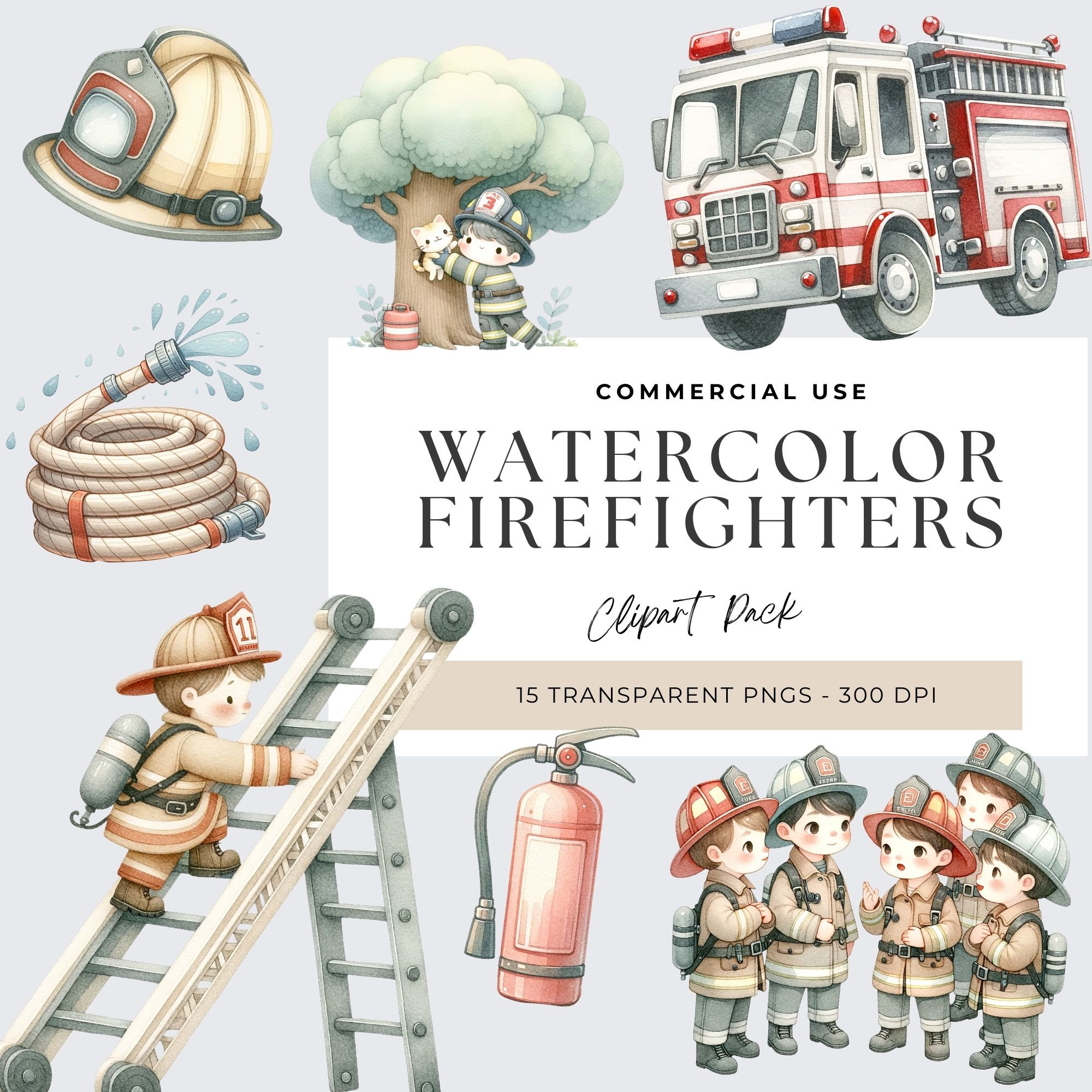 Watercolor Firefighter Clipart, Fire Truck Illustration, Boy Clipart ...