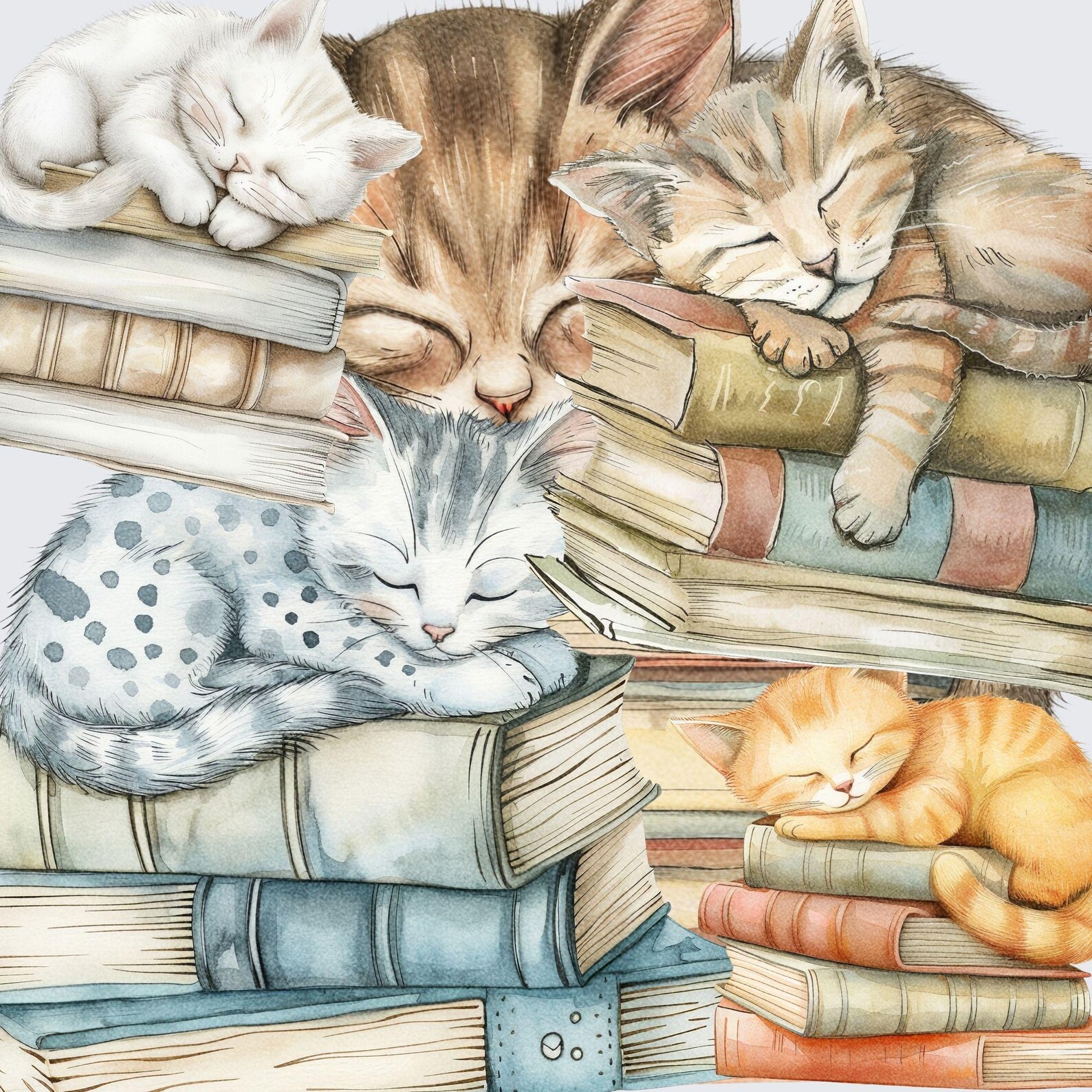 Cat Books Clipart, Sleeping Cat on Books Watercolor Clipart, Cozy ...