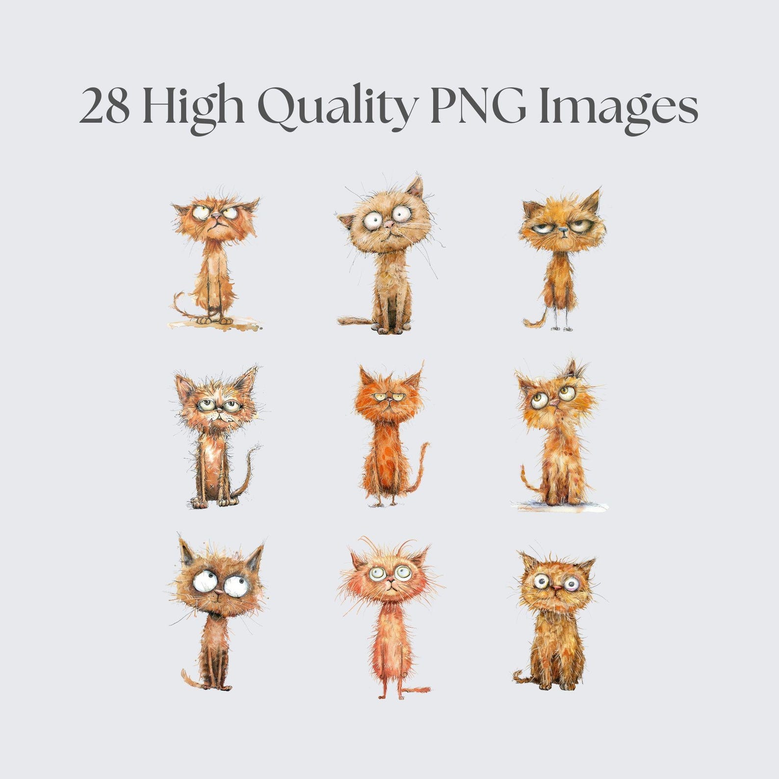 Frazzled Cat Clipart, Quirky Watercolor Illustrations for Scrapbooking ...