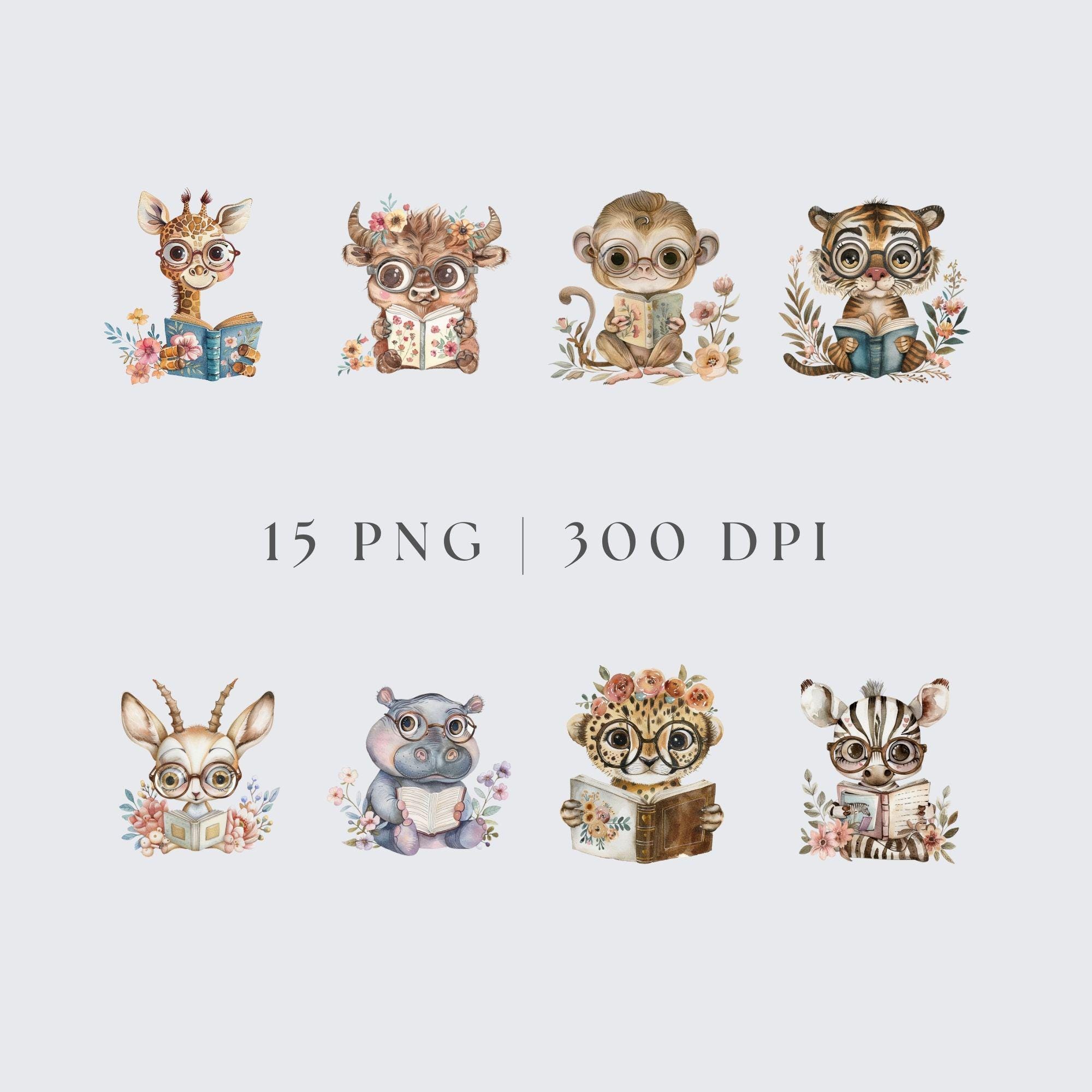Animals Reading Books Clipart, Cute Safari PNG, Whimsical Animal ...