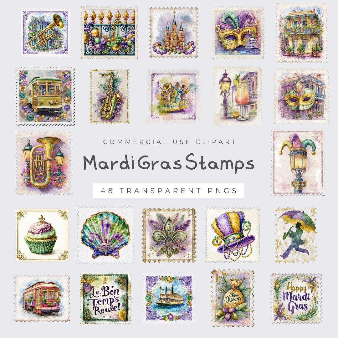 Mardi Gras Stamps Clipart, Digital Graphics for Party Decor, Parade ...