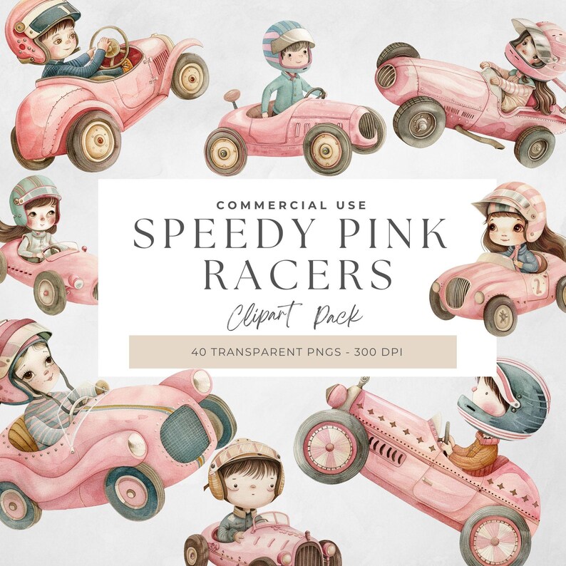 Pink Racecar Clipart, Vintage Racing Watercolor Cars, Fun Cartoon Png ...