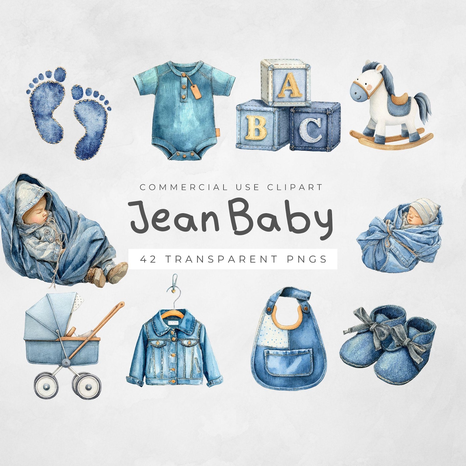 Blue Jean Baby Clipart, Watercolor Denim Baby Clothes, Cute Baby Shower ...