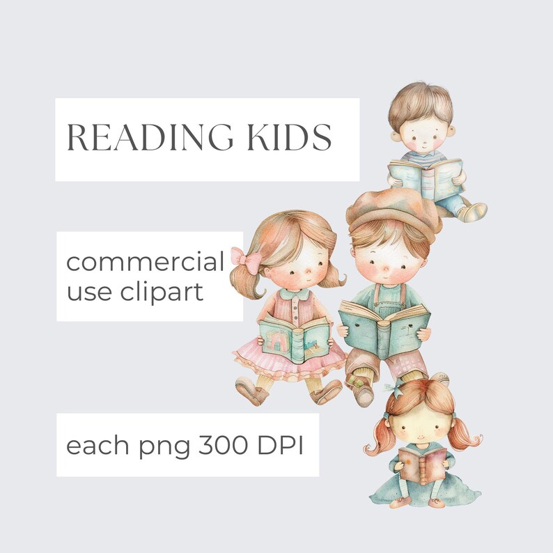 Cute Kids Reading Clipart, Adorable Digital Illustrations for Children ...