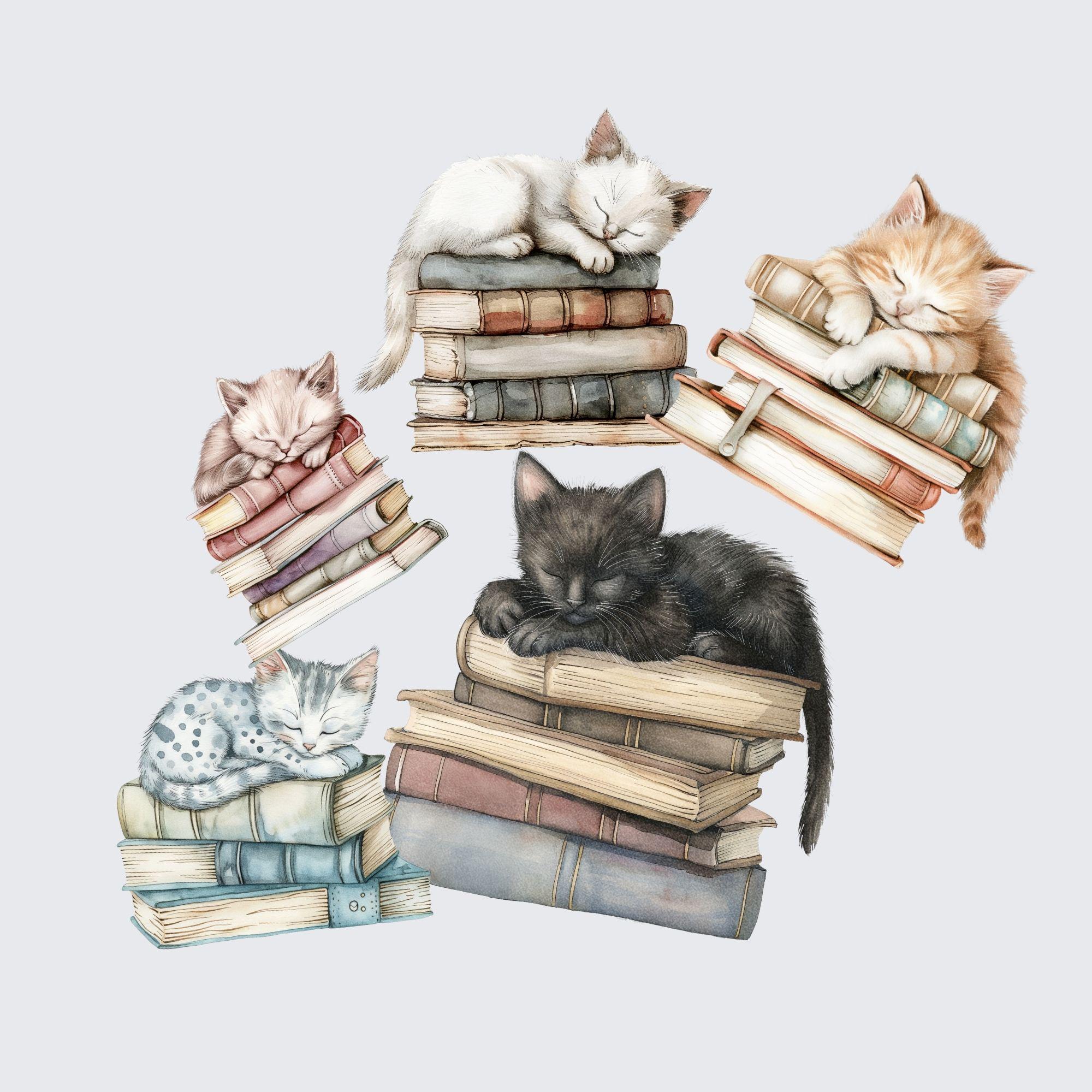 Cat Books Clipart, Sleeping Cat on Books Watercolor Clipart, Cozy ...