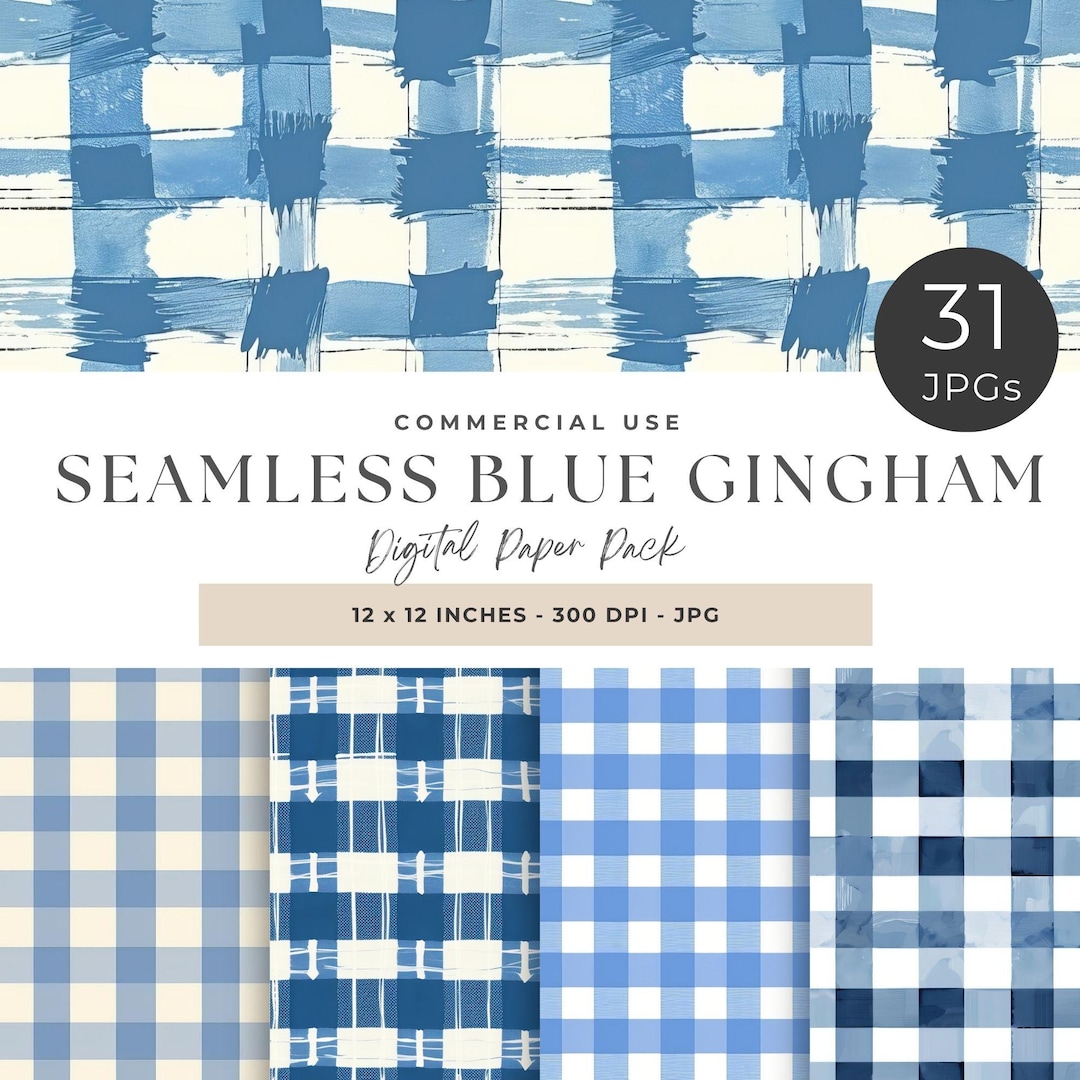 Blue Gingham Digital Paper: Seamless Plaid Patterns (JPG, Commercial ...