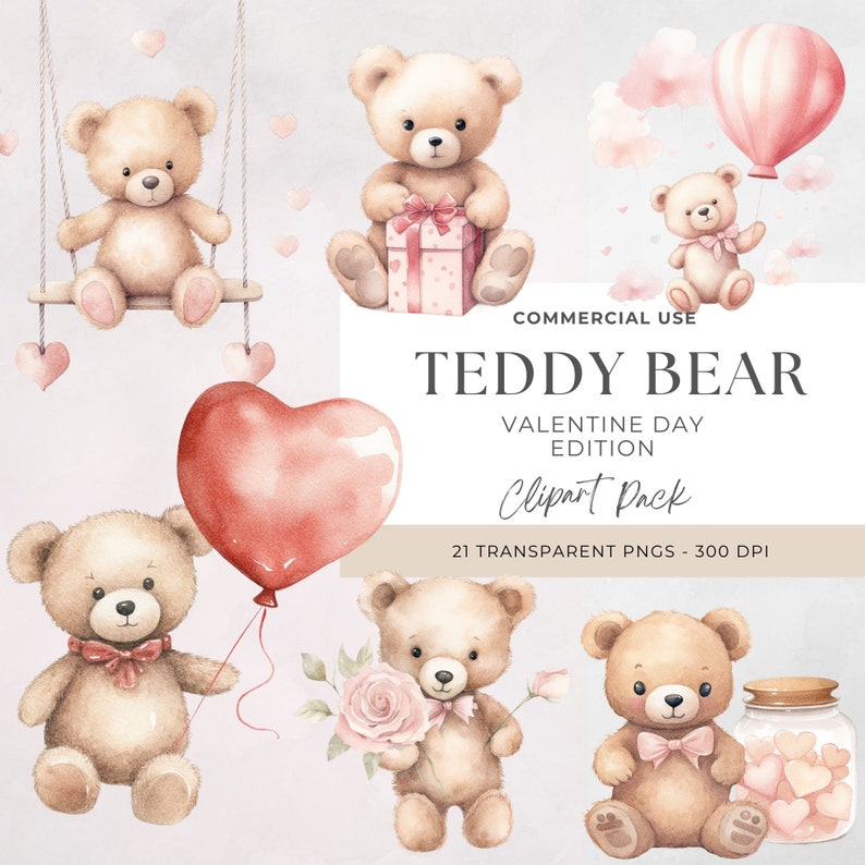 Valentine Bear Clipart, Teddy Bear Png, Valentine Bears Clipart Bundle ...