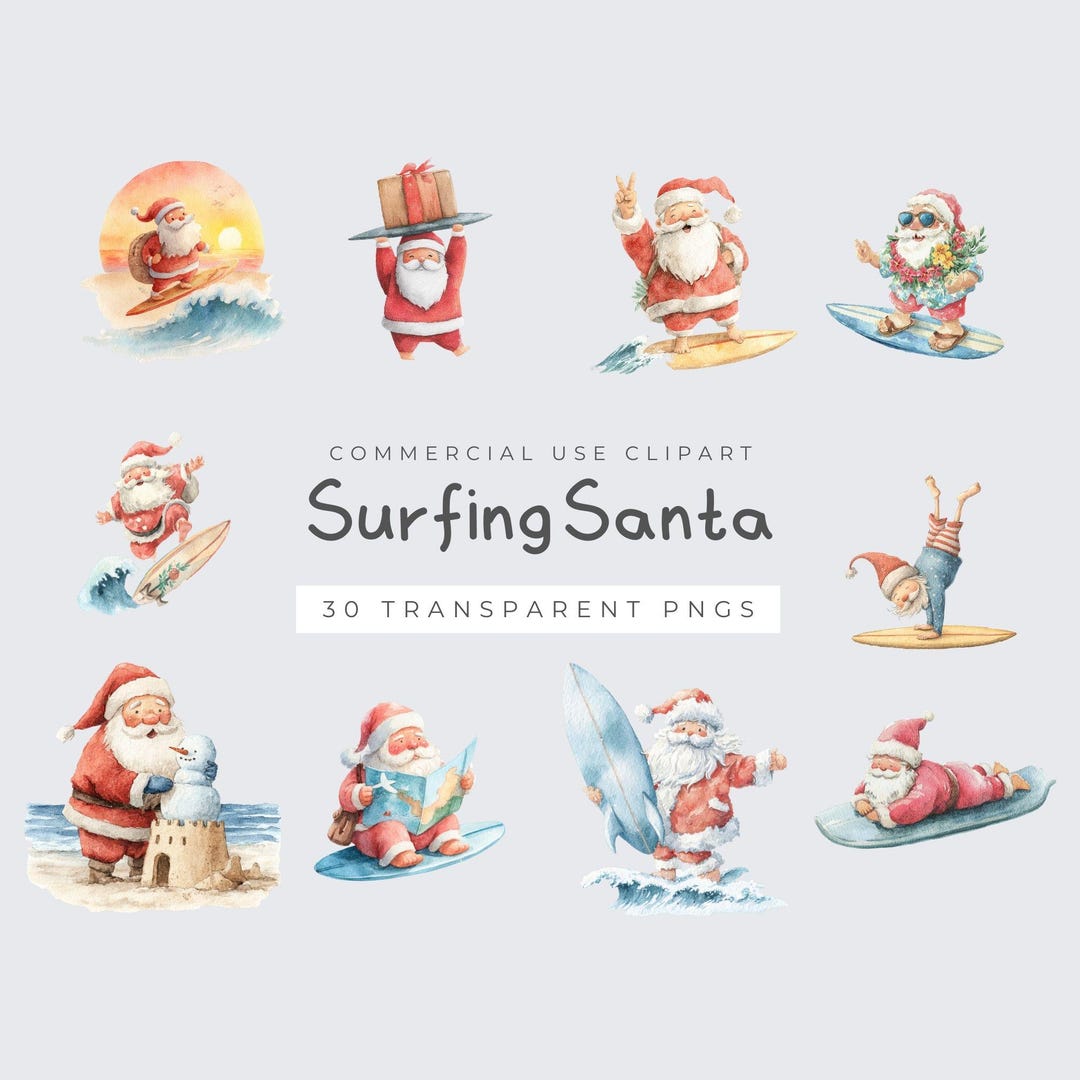 Surfing Santa Clip Art, Tropical Christmas Digital Downloads, Beach ...