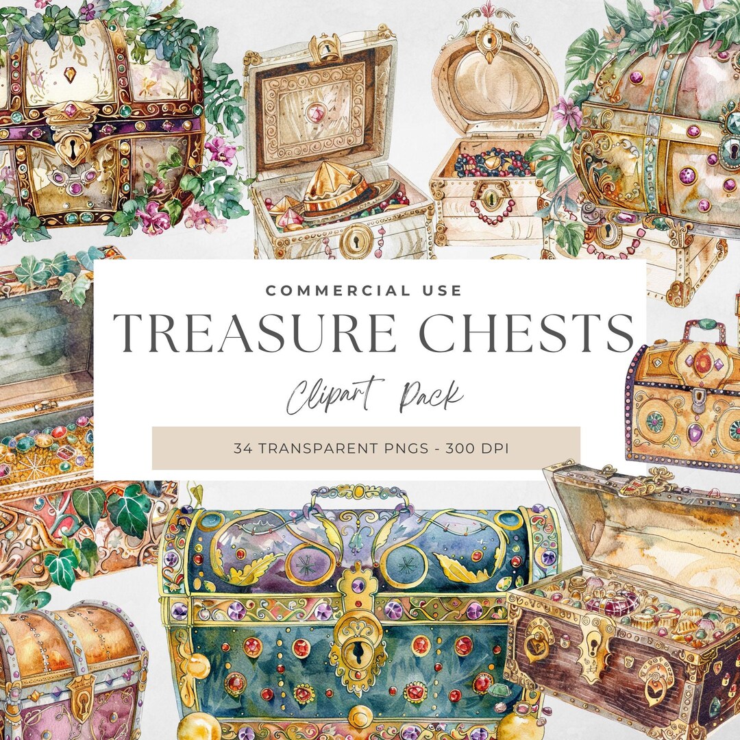 Treasure Chest Clipart Bundle, Watercolor, Card Making, Scrapbook Kit ...