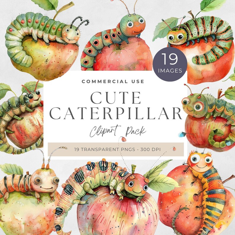 Caterpillar on Apple Clipart, Digital Download, Cute Worm Graphics ...