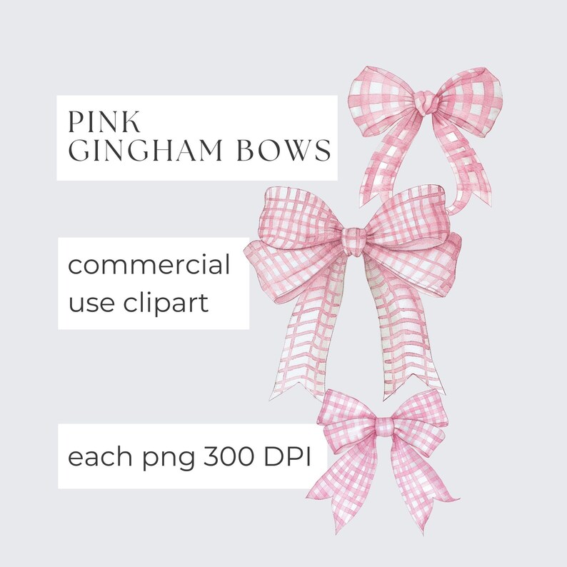 Pink Gingham Bow Clipart, Gingham Bow Clipart, Watercolor Bows, Digital ...