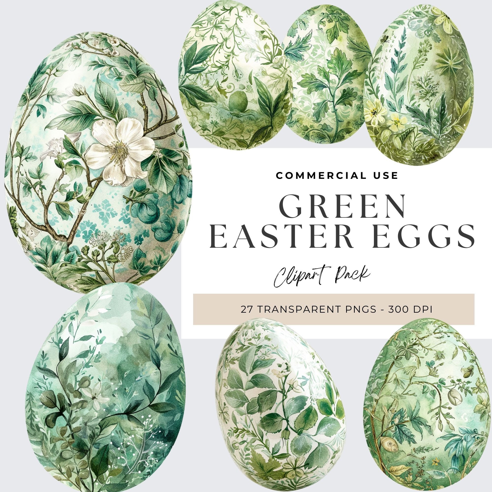 Green Easter Egg Clipart, Toile Clipart, Easter Egg Clip Art, Watercolor Spring Clipart ...