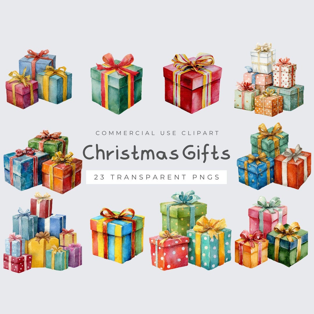 Christmas Gifts Box Clipart, Watercolor Holiday Presents PNG, Digital ...