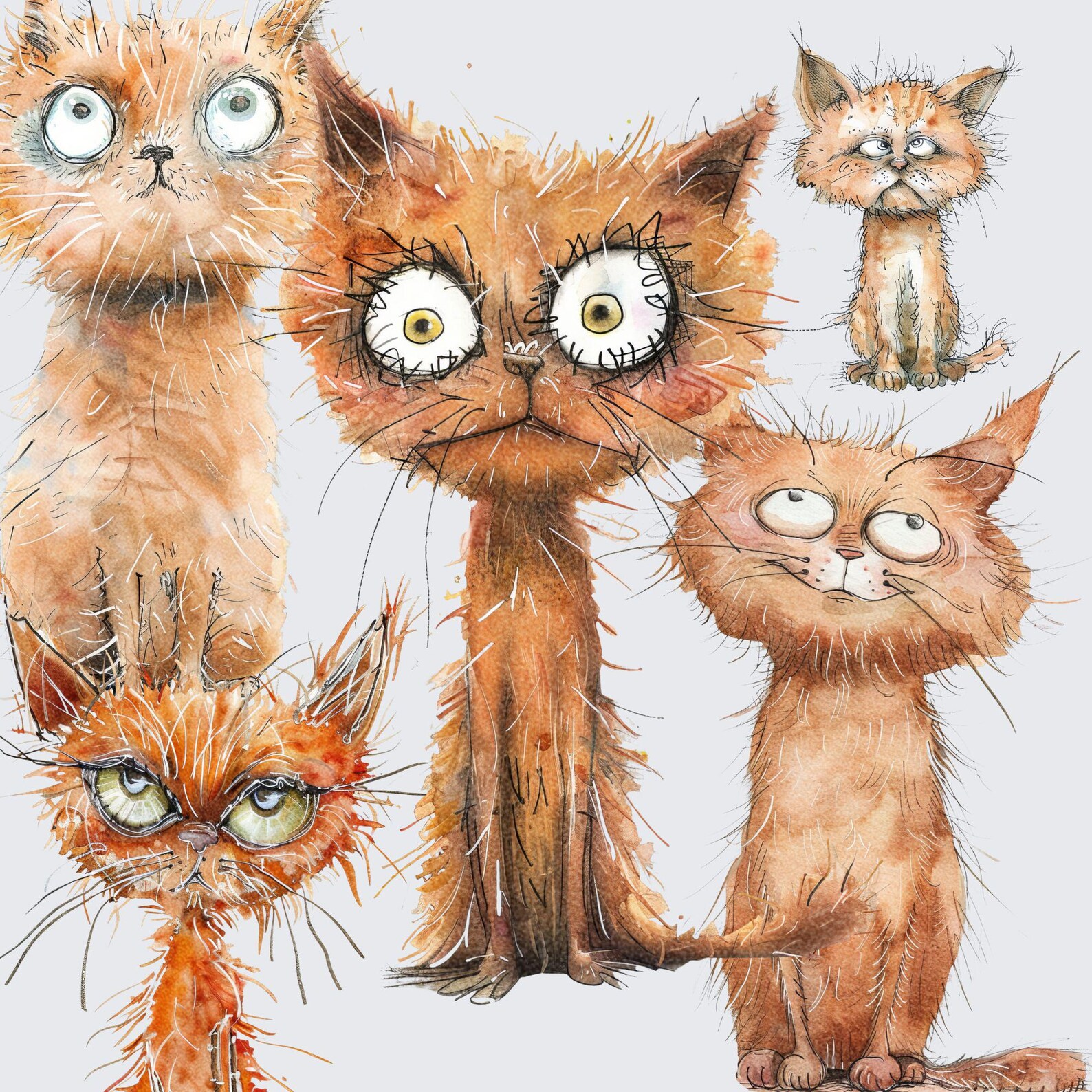 Frazzled Cat Clipart, Quirky Watercolor Illustrations for Scrapbooking ...