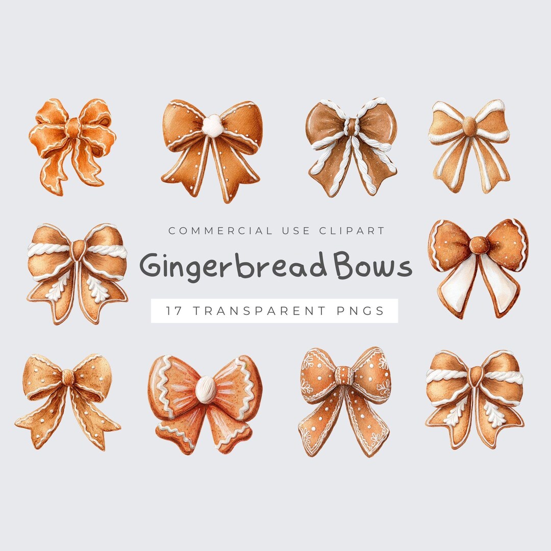 Gingerbread Bow Clipart, Cute Christmas Cookie PNG, Watercolor Digital ...