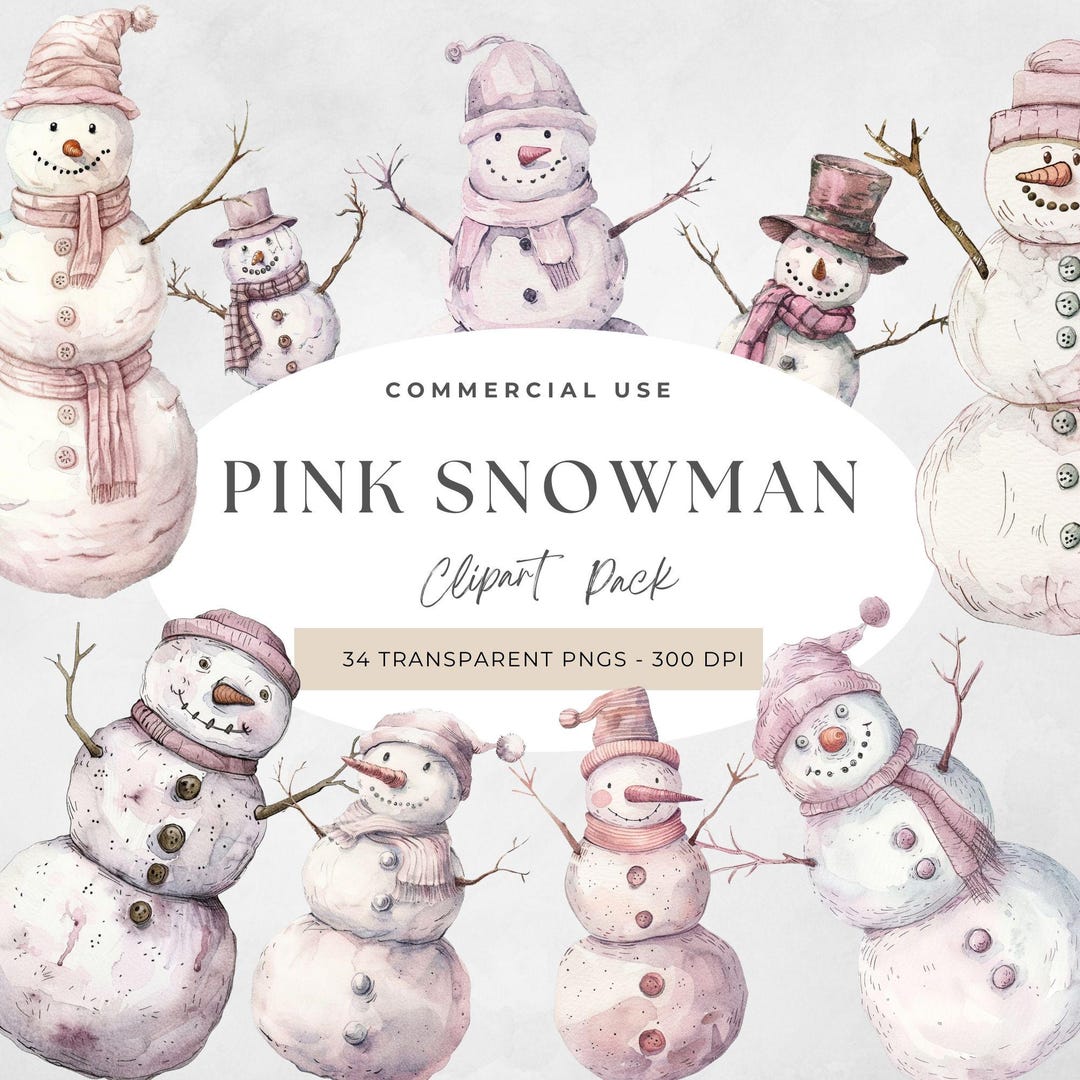 Watercolor Pink Snowman Clipart: Christmas Winter Graphics (PNG Digital ...