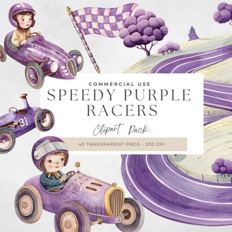 Watercolor Purple Racecar Clipart, Racing Car PNG, Nursery Decor ...