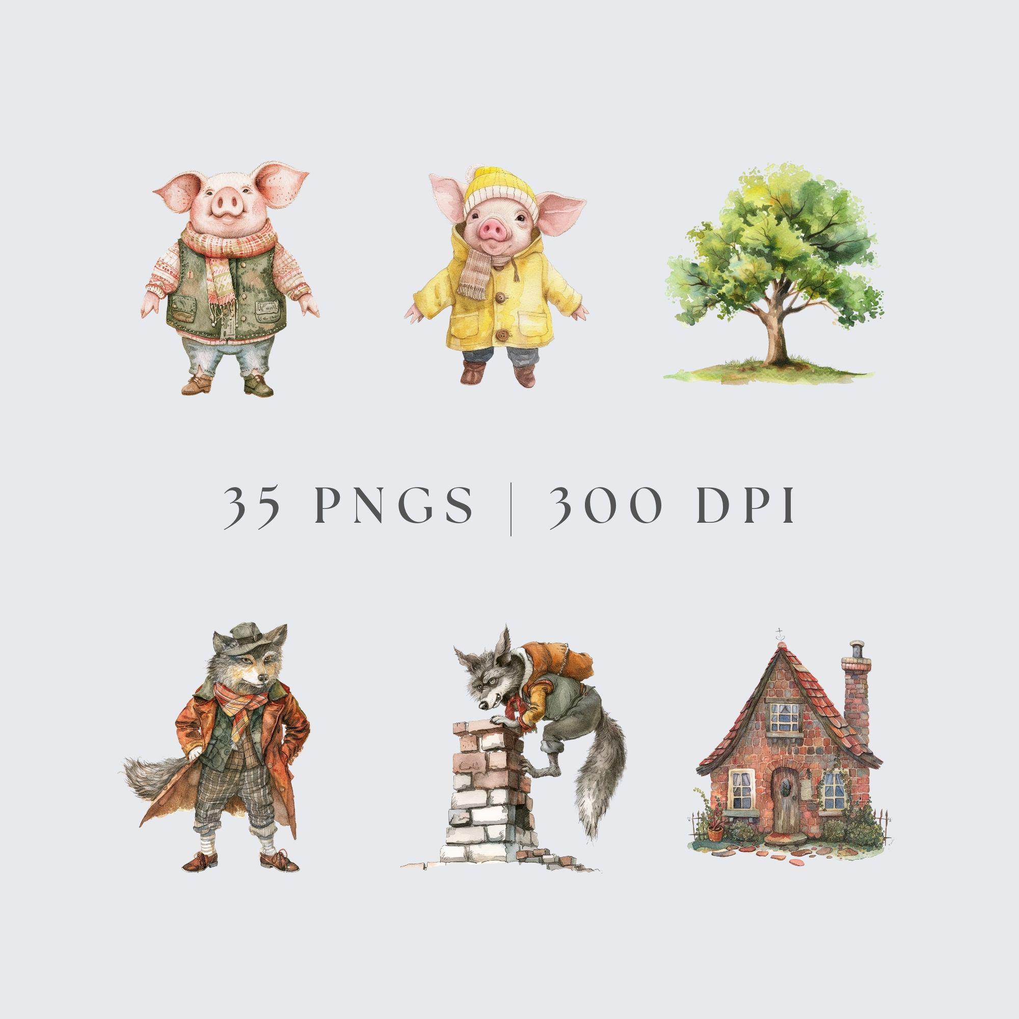 3 Little Pigs Clipart, Fairytale Digital Illustrations, Big Bad Wolf ...