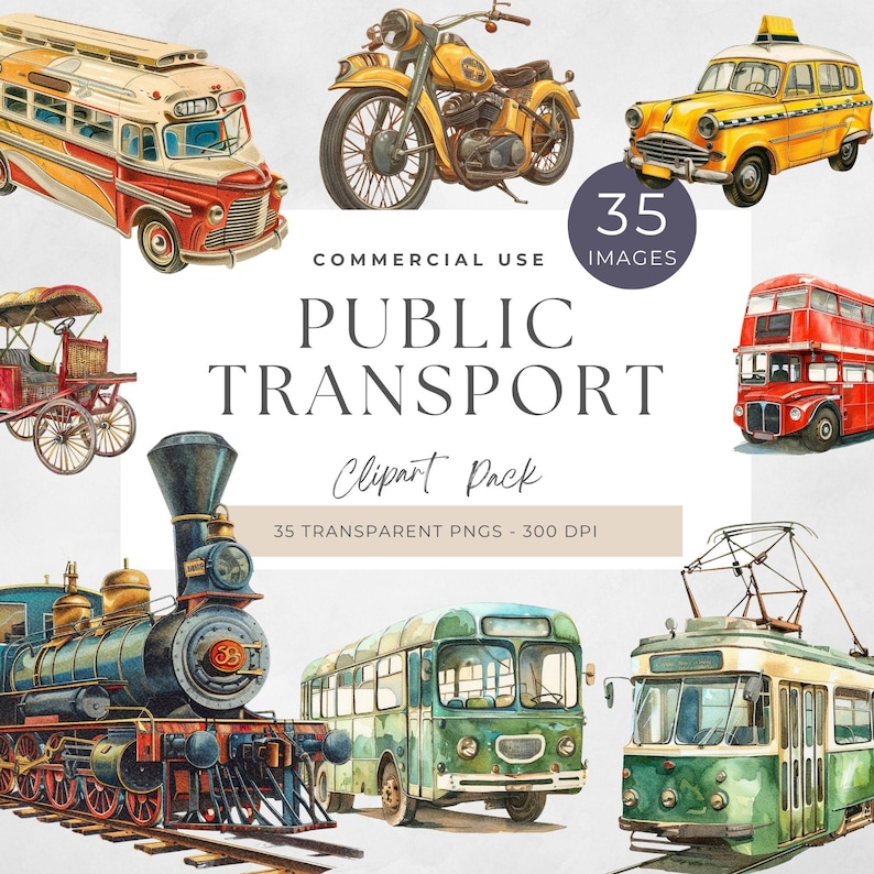 Public Transport Vehicles Clipart, Watercolor Transport Art, Vehicle ...
