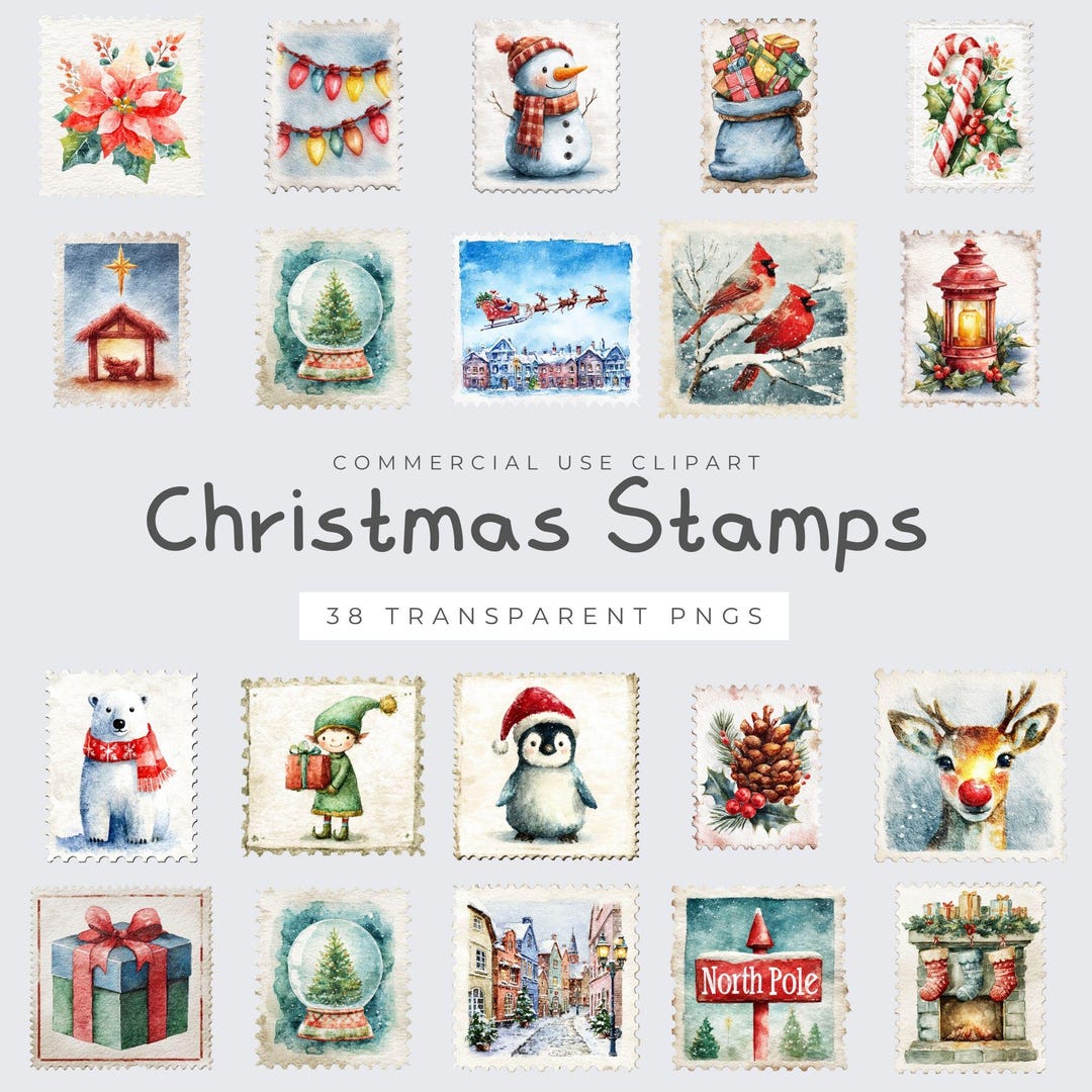 Christmas Stamps Clipart Bundle - Vintage PNG for Holiday Crafts ...